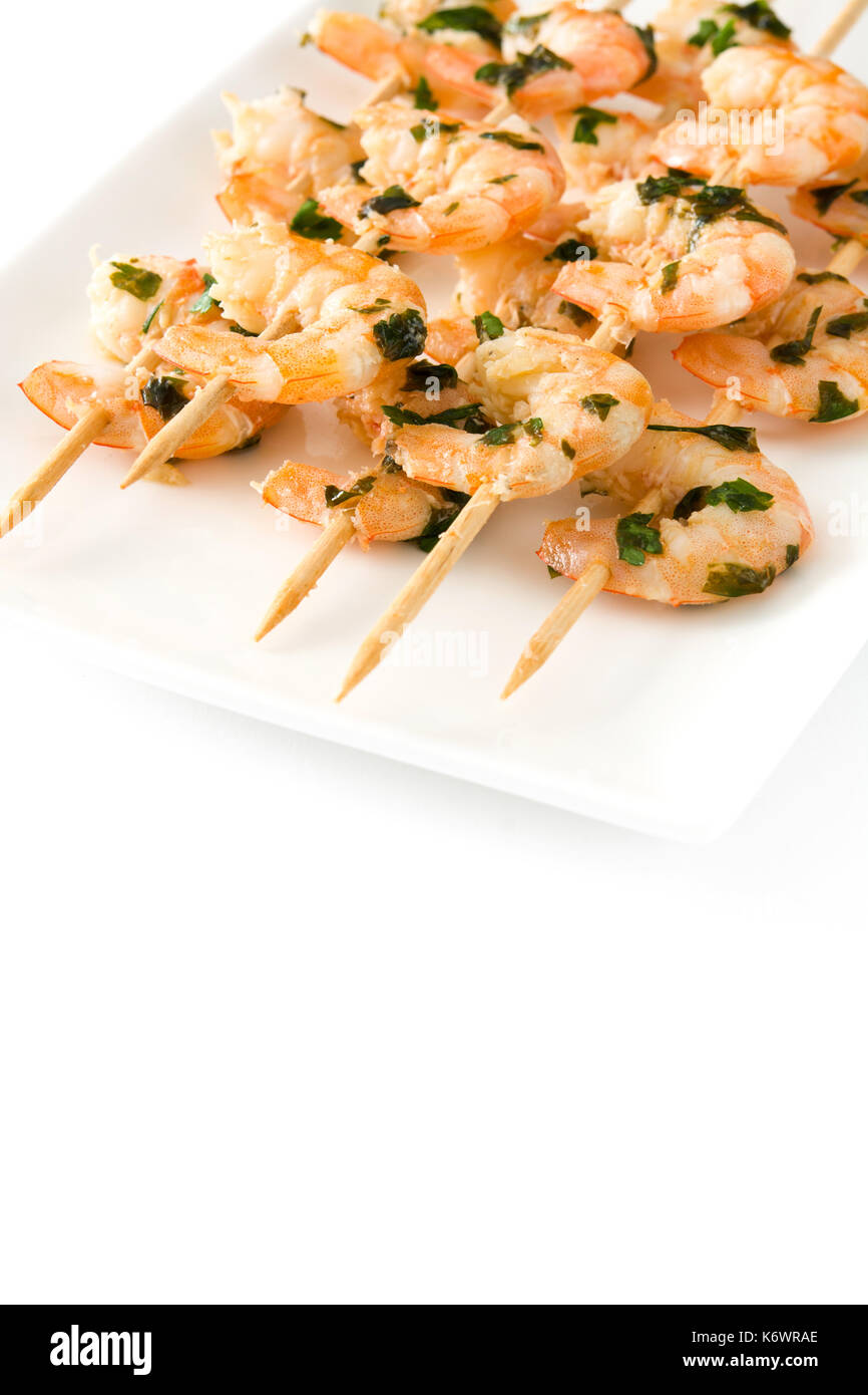 Shrimp skewers isolated on white background Stock Photo - Alamy