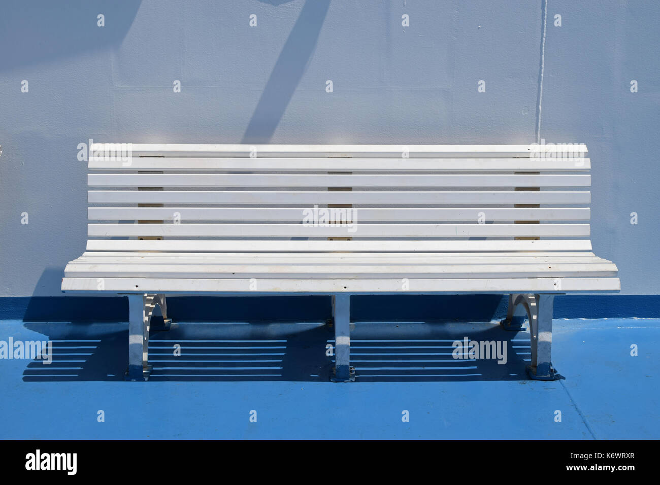 White bench on ferry boat cruise ship deck. Summer travel background ...