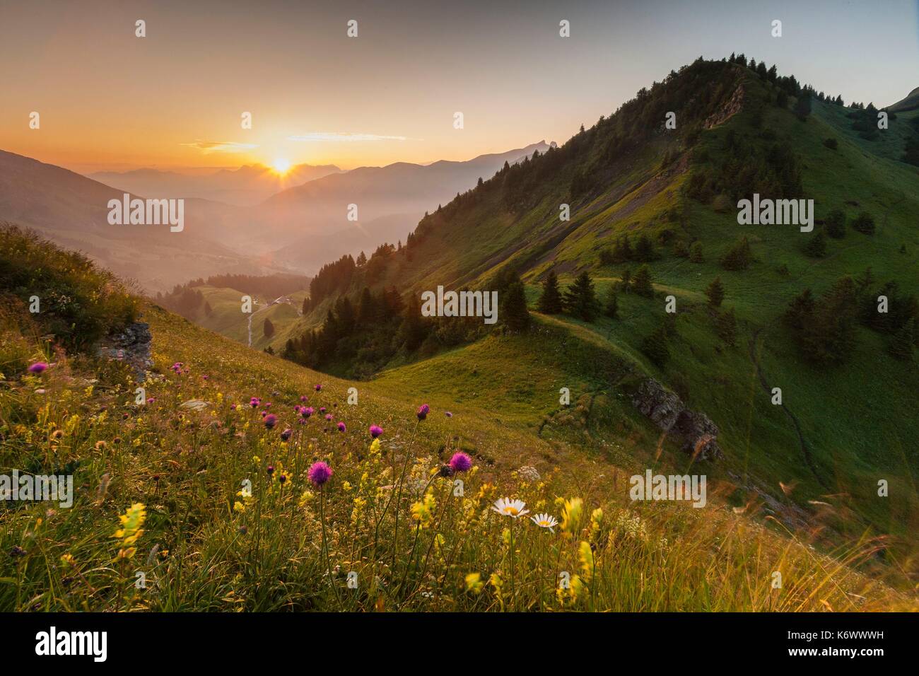 France, Haute-Savoie, col de la Colombiere, seen on the valley of the ...