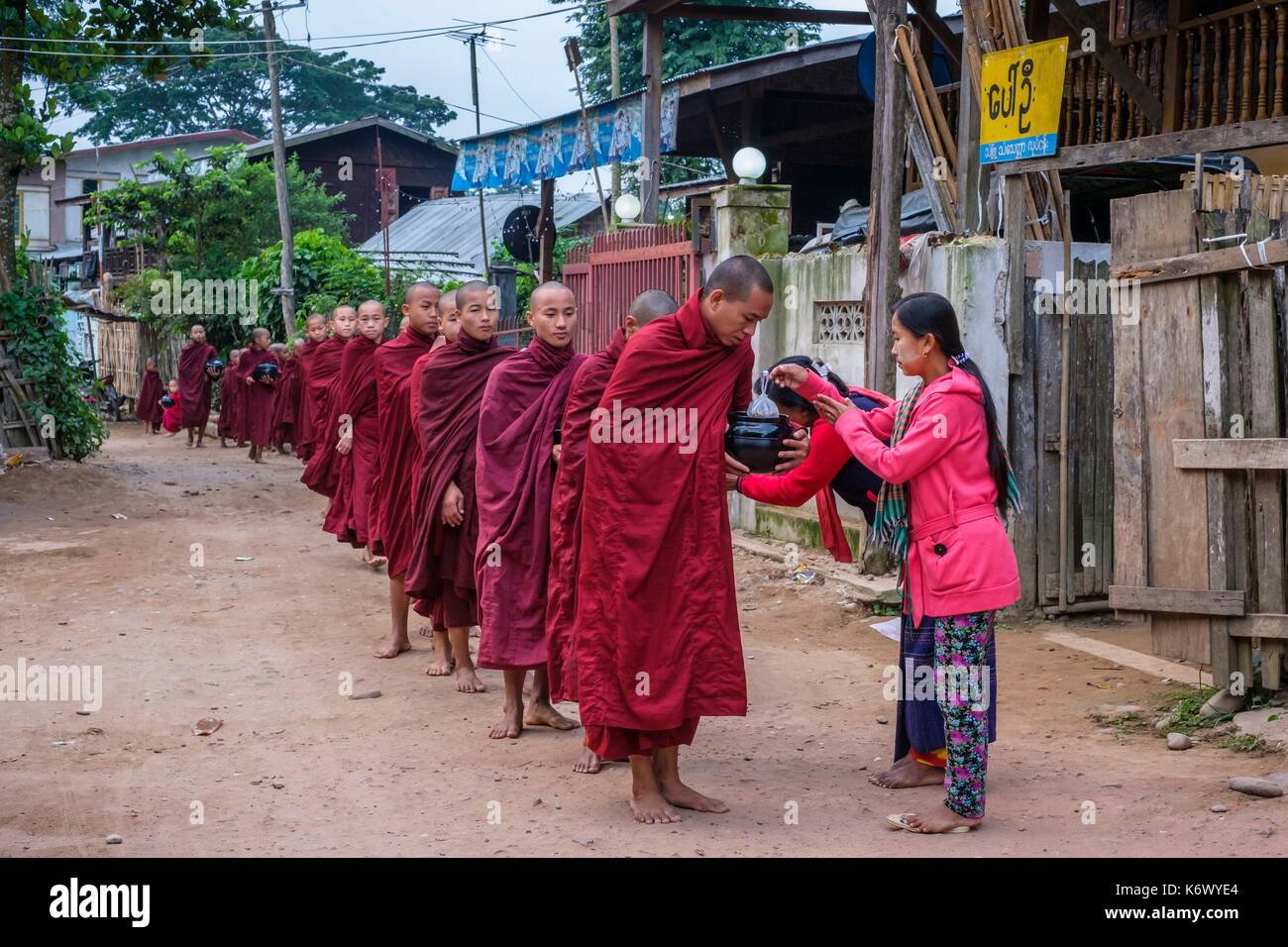 Myanmar (Burma), Shan state, Hsipaw, procession of Buddhist monks early ...