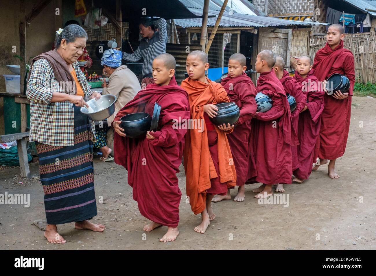 Myanmar (Burma), Shan state, Hsipaw, procession of Buddhist monks early ...