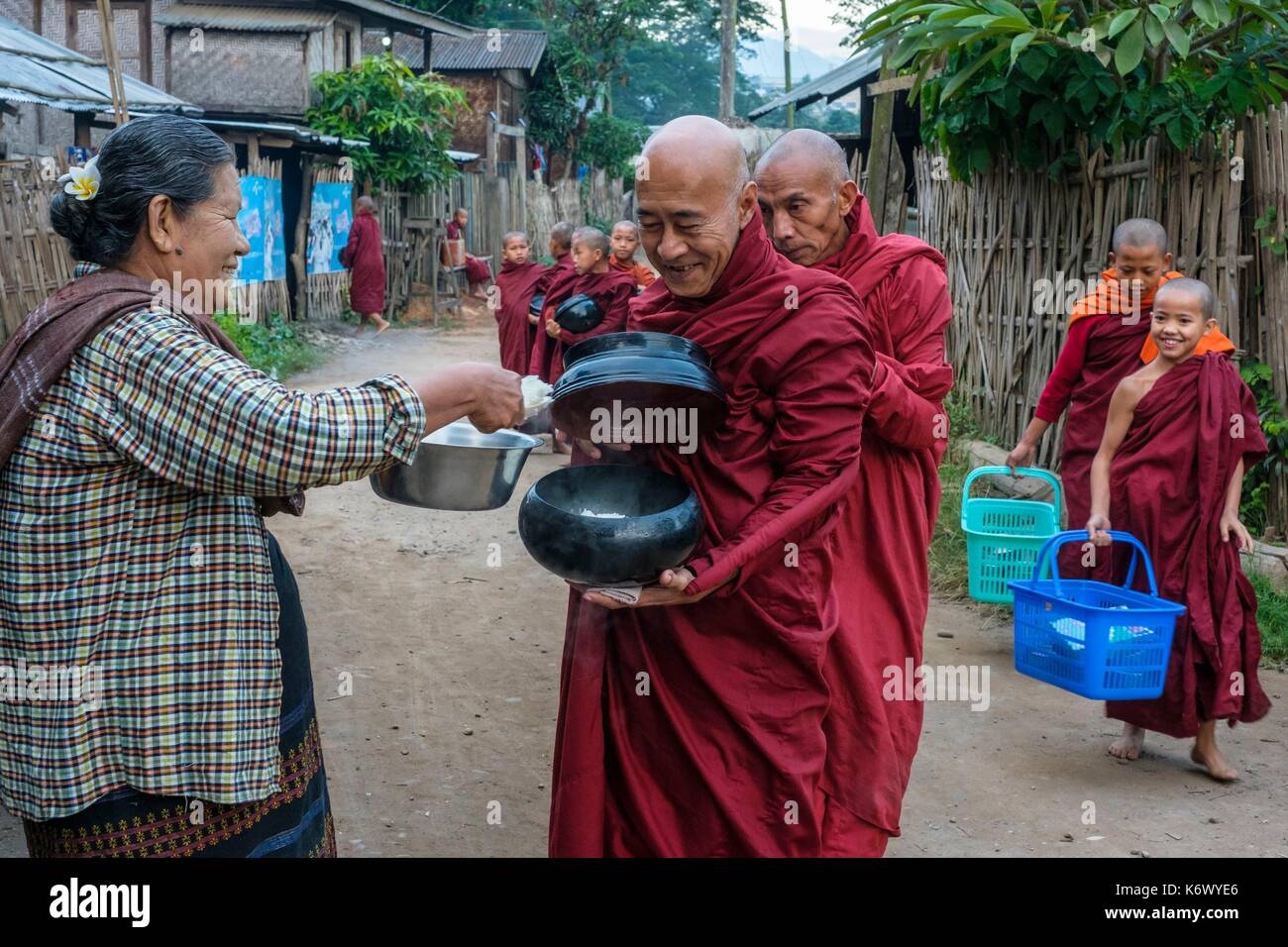 Myanmar (Burma), Shan state, Hsipaw, procession of Buddhist monks early ...