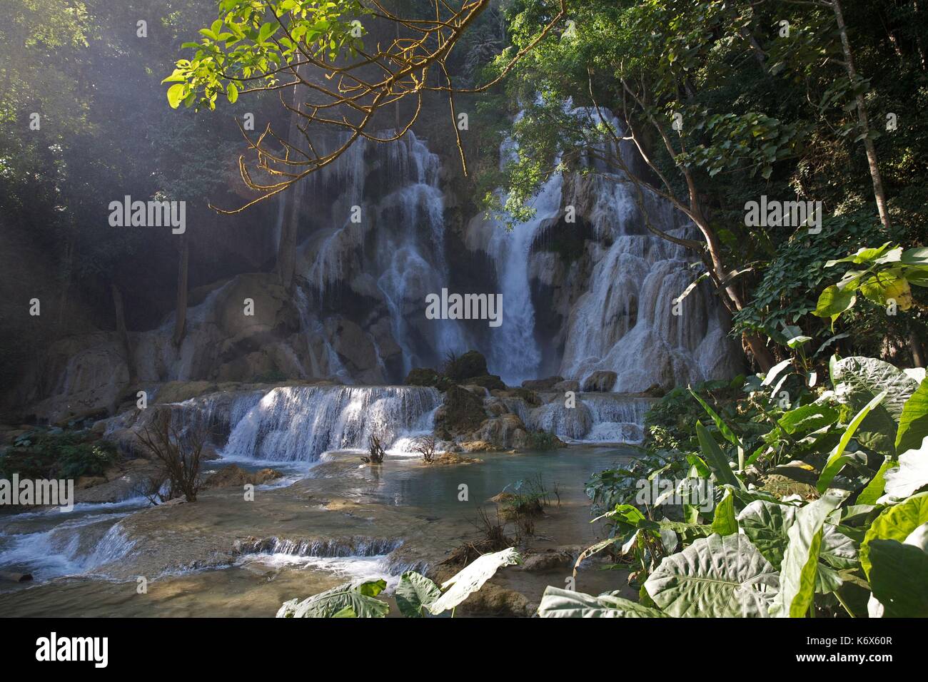 Laos, Tad Kuang Si, main waterfalls of Tad Kuang Si with his pools of ...