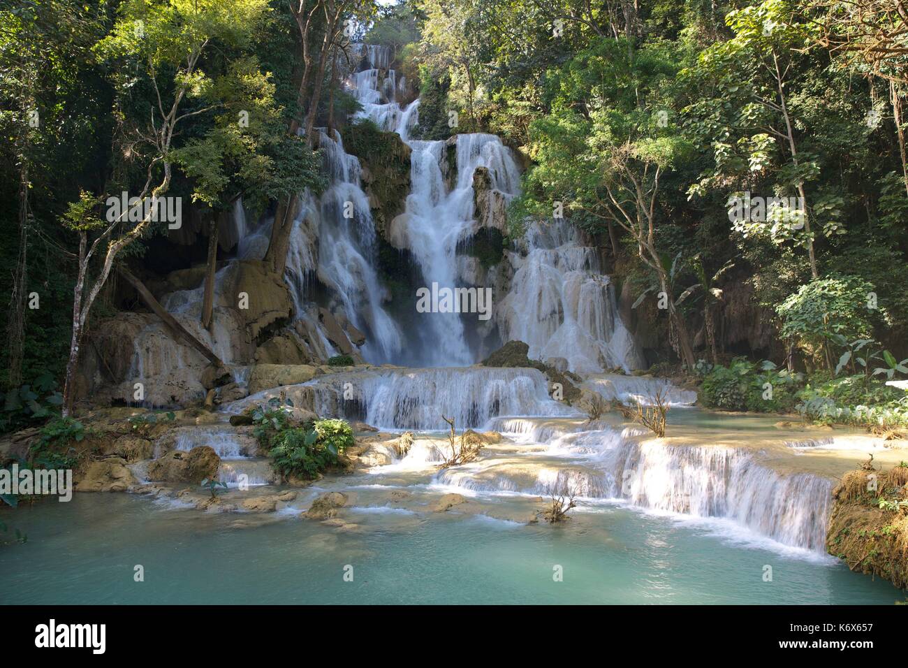 Laos, Tad Kuang Si, main waterfalls of Tad Kuang Si with his pools of ...