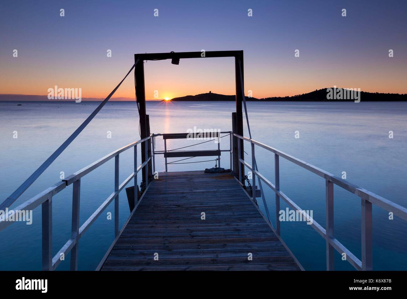 France, Corse du Sud, Zonza, leaning pontoon on Pinarello beach Stock ...