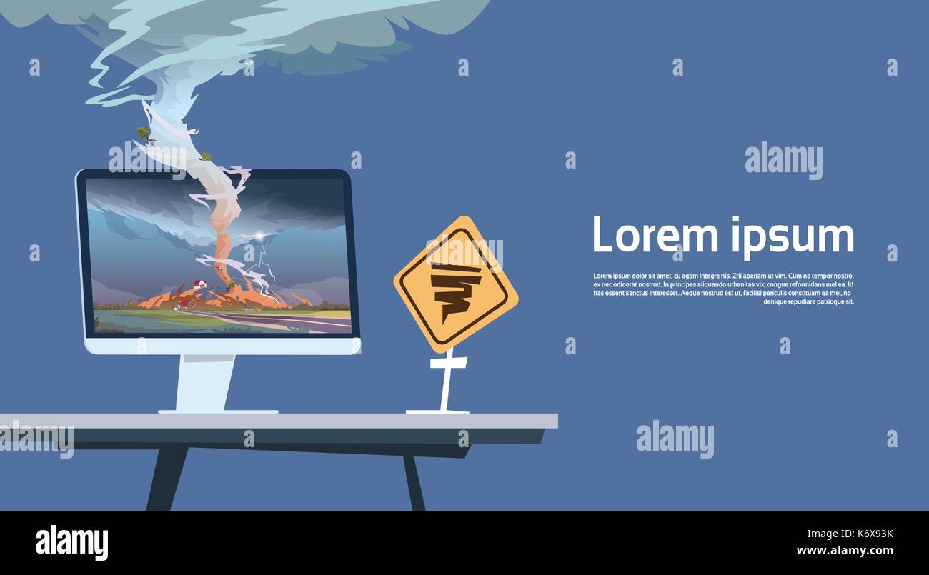 Computer Monitor With Tornado Imade And Hurricane Warning Road Sign ...