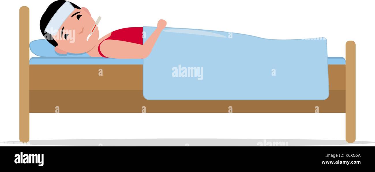 Vector cartoon ill sick man lying in bed with flu Stock Vector Image ...