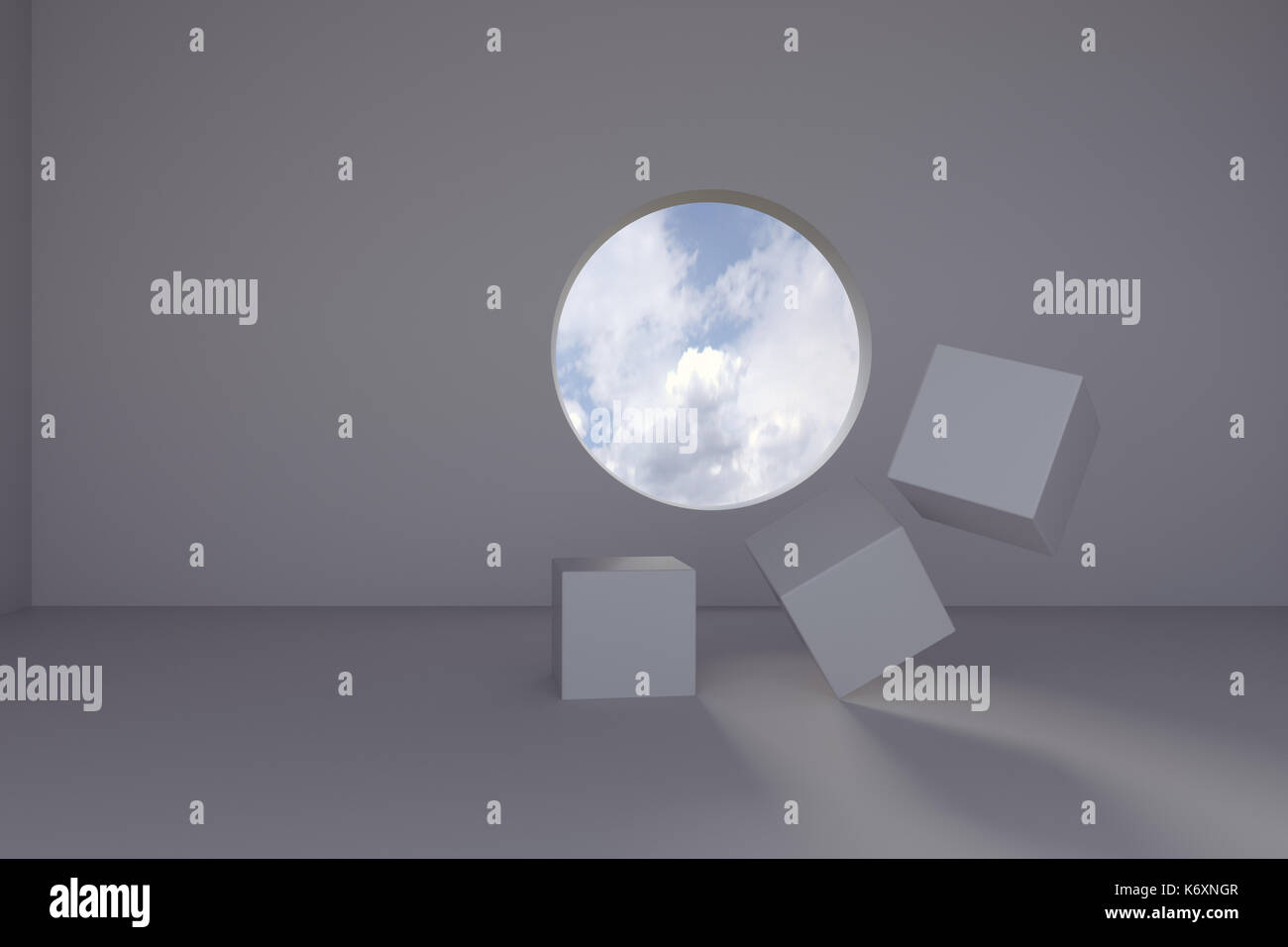 3d rendering of abstract circle windows with cube block Stock Photo - Alamy