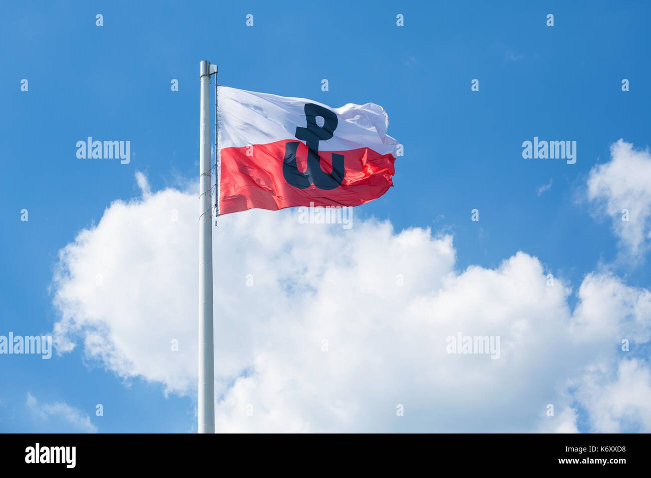 Polish flag with the symbol of Polish Fighting. Symbol of the Warsaw ...