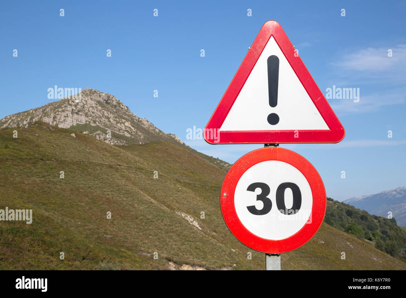 Red White Triangle Traffic Warning Sign and Thirty Speed Limit Stock ...