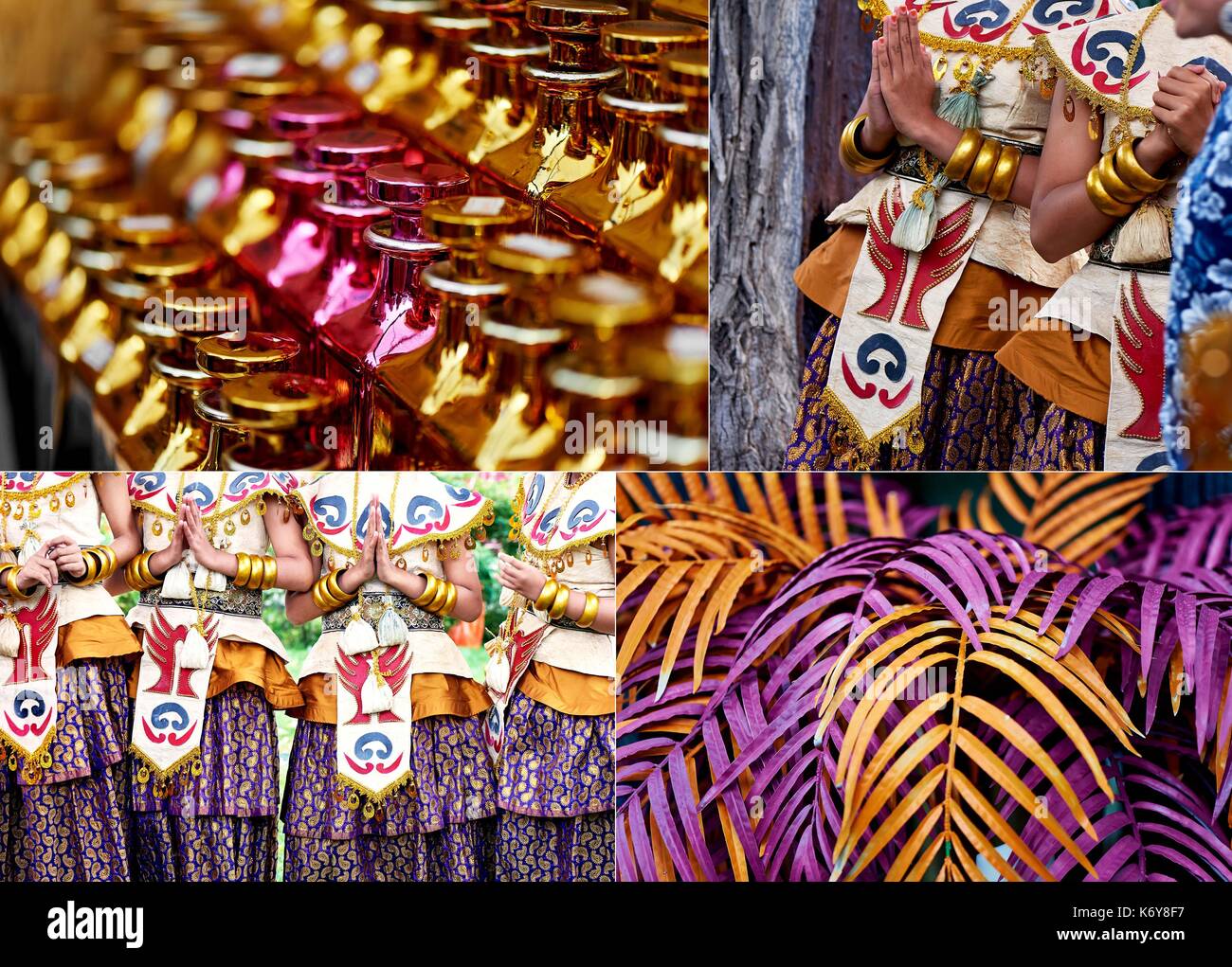 Elements of Indonesian culture.Pink purple color. Collage Stock Photo ...