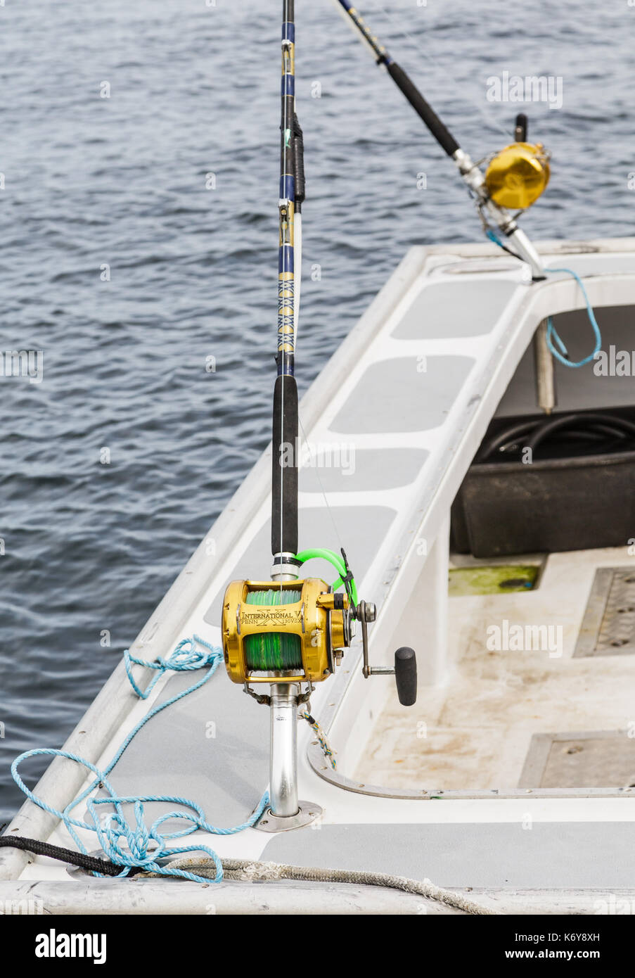 Two Fishing Rods and Reels in Boat Stock Photo - Alamy