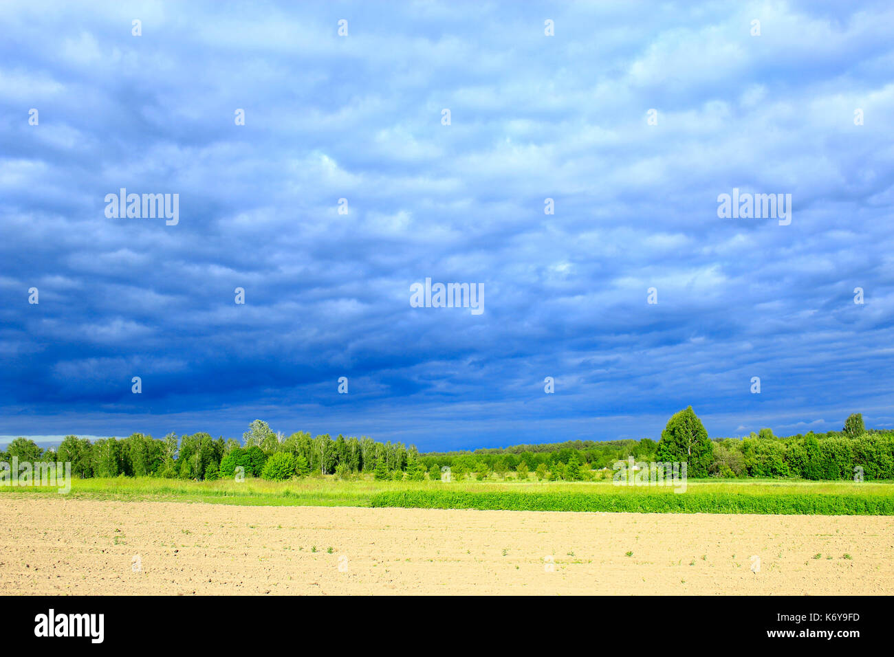 landscape with dark thundercloud clouds under the forest and land Stock ...