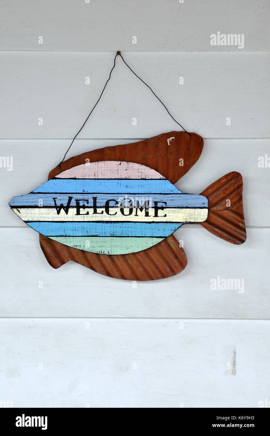 Wooden Fish Welcome Sign Stock Photo - Alamy