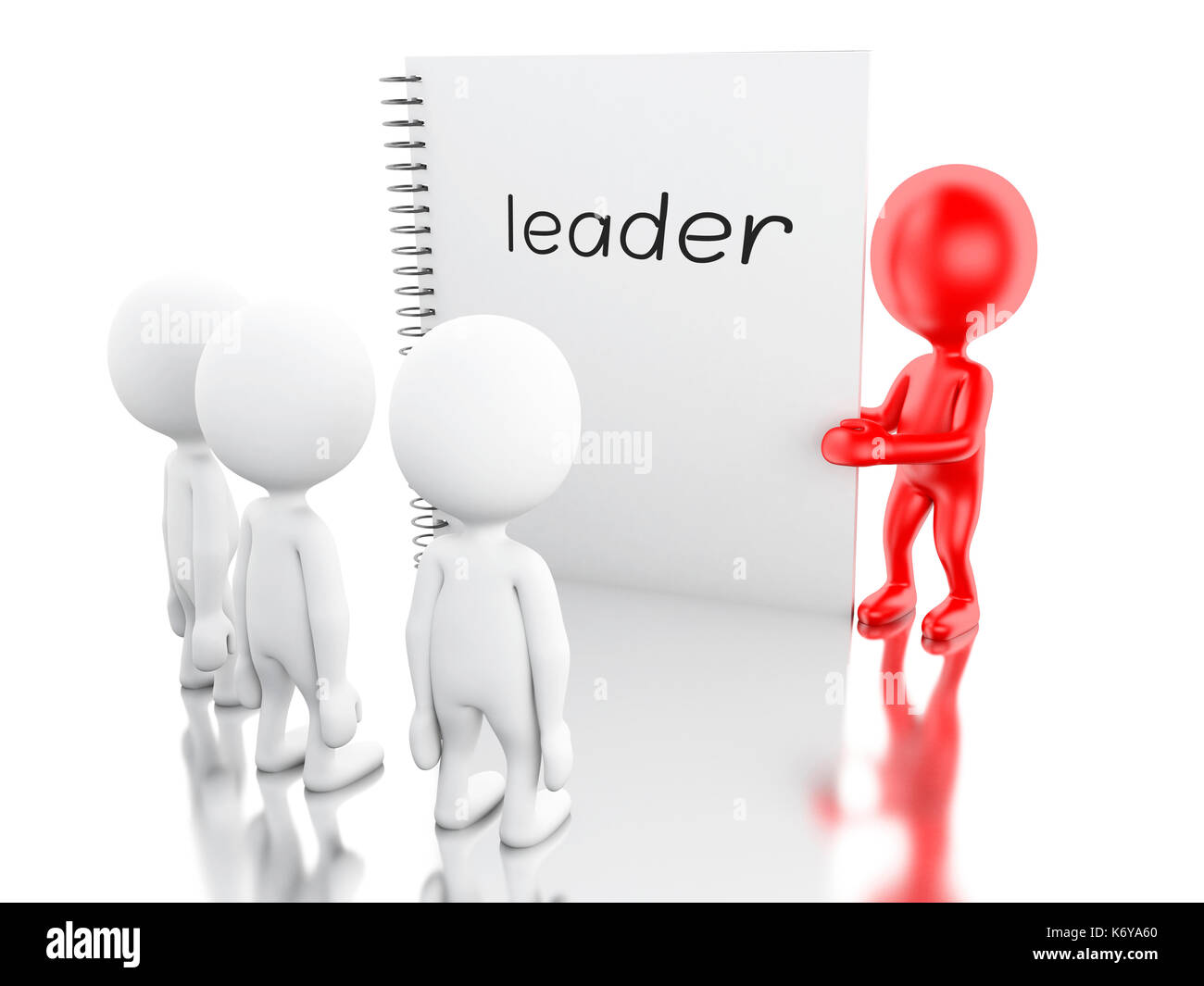 3d renderer image. White people, red leadership and notepad with word ...