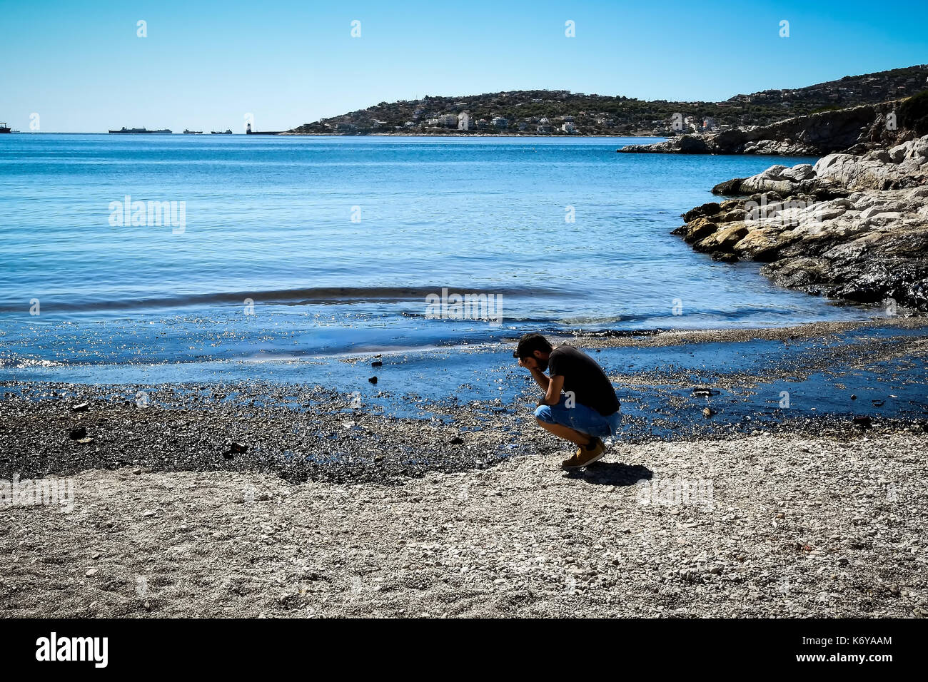 Salamina, Athens, Greece - Sept 13, 2017:Oil, leaked from a sinked ship ...
