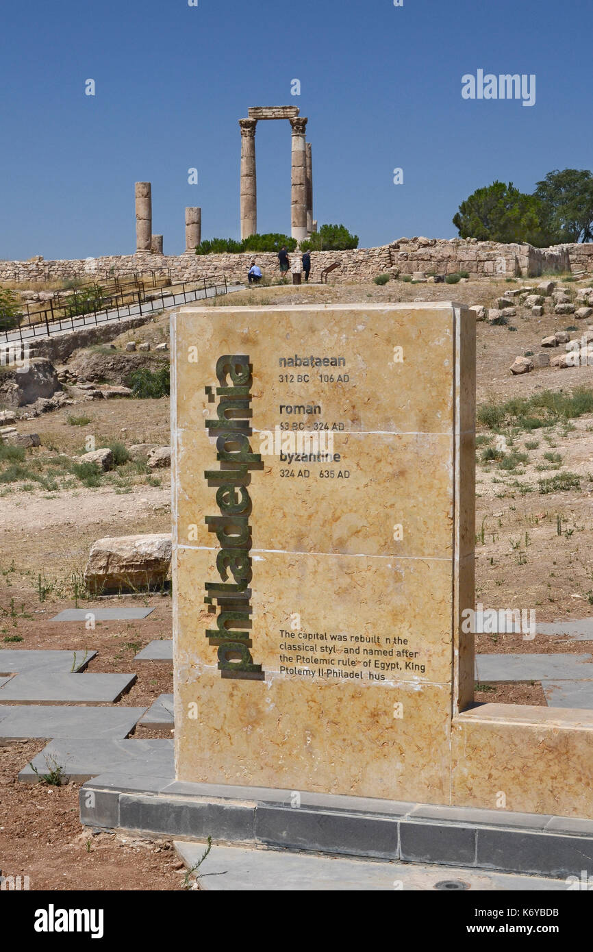 AMMAN, JORDAN - JULY 21, 2015: Sign at The Temple of Hercules at the ...