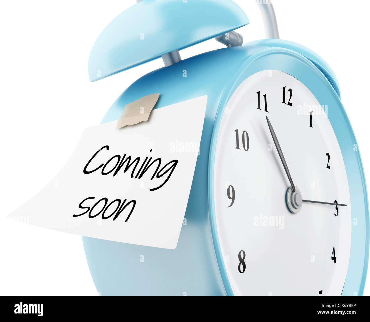 3d illustration. Alarm clock with sticky paper written "coming soon ...