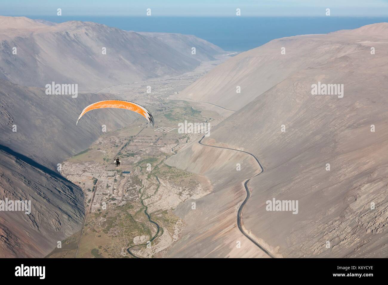 Chile, region of Arica and Parinacota, Camarones valley, paraglider ...