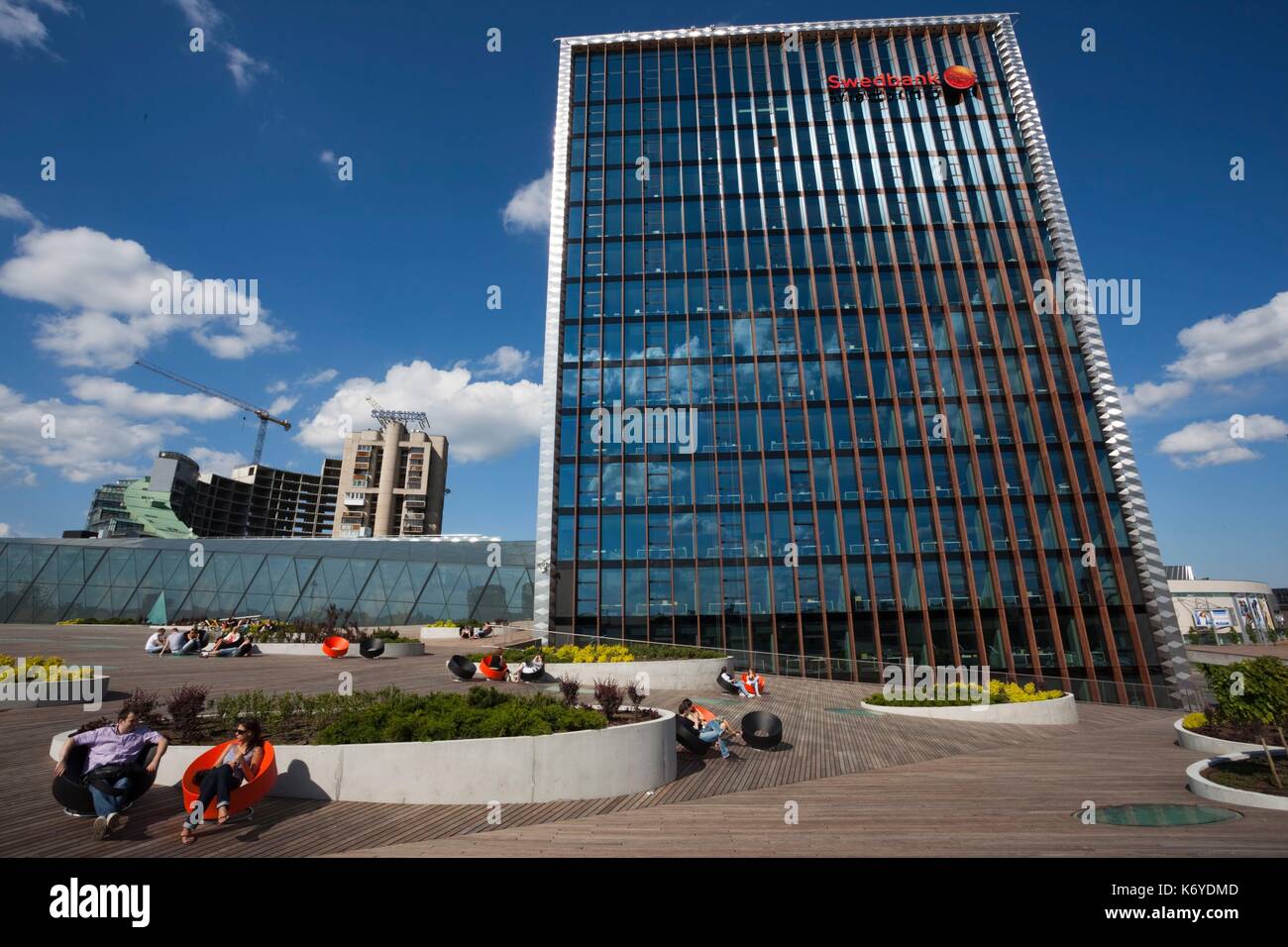 Lithuania, Vilnius, riverfront plaza by the Swedbank building ...