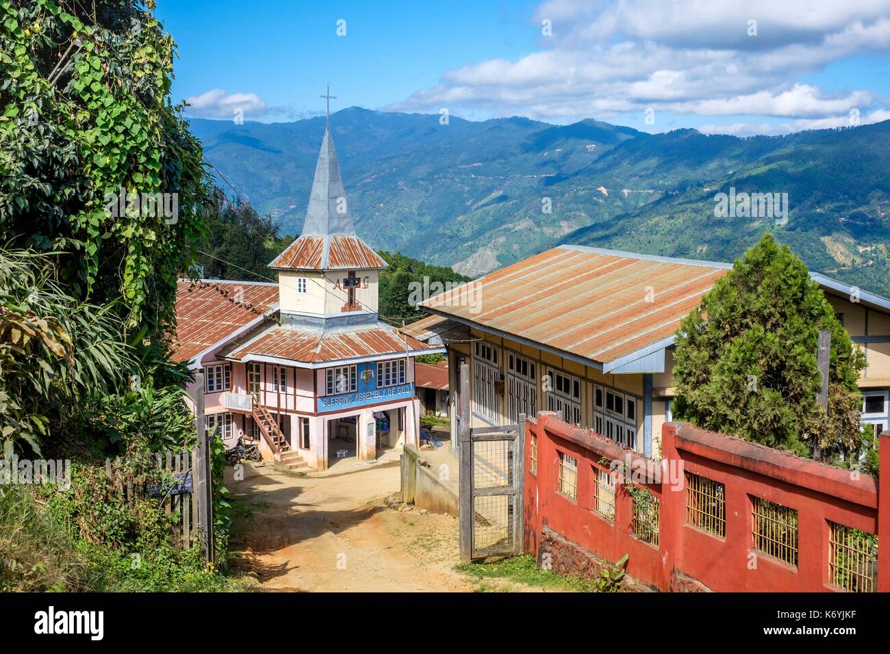 Myanmar (Burma), Chin State, Mindat, one of the churches of the village ...