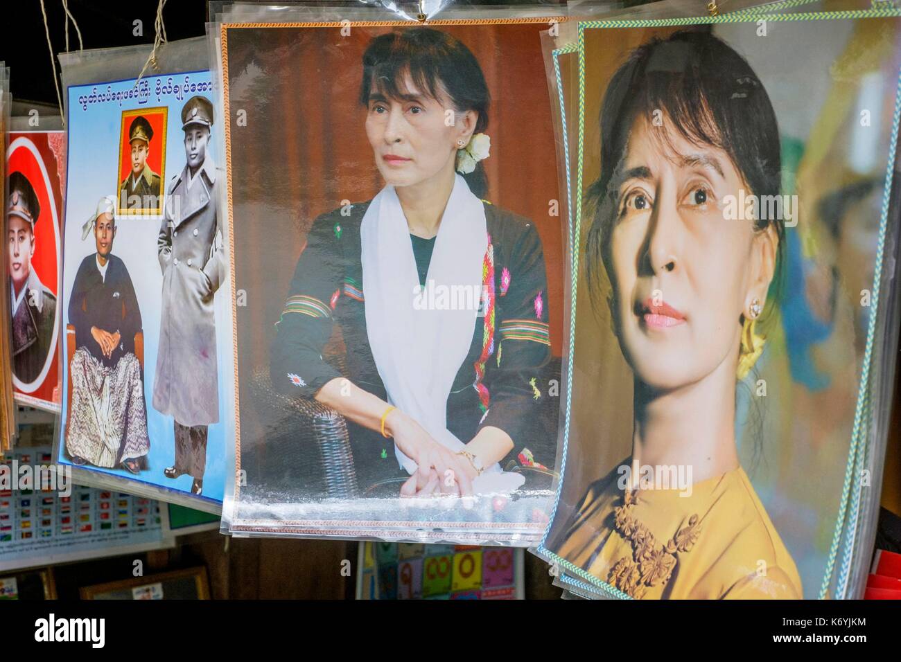 Myanmar (Burma), Chin State, Mindat, many shops show Aung San Suu Kyi's ...