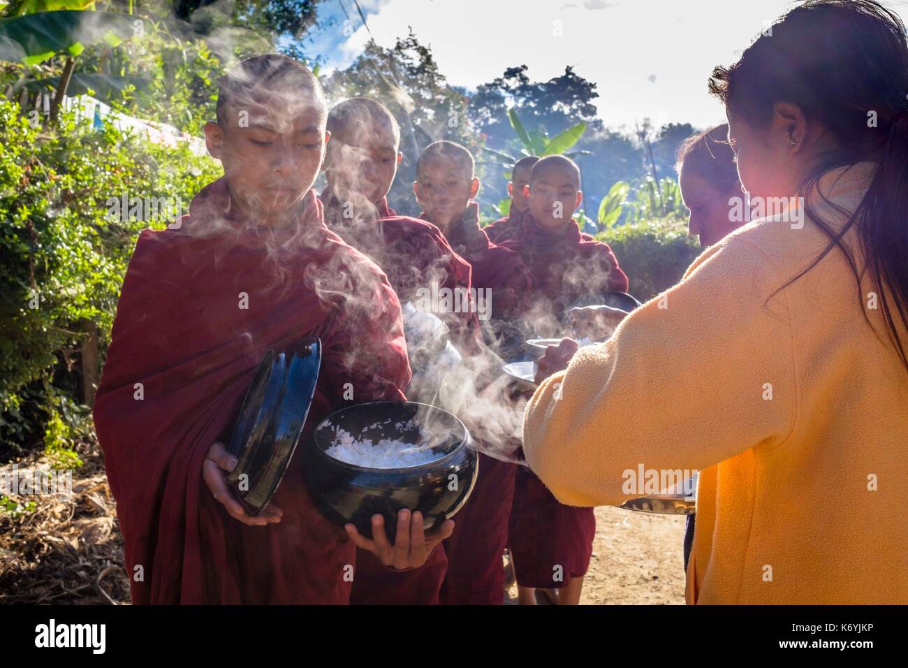 Myanmar (Burma), Chin State, Mindat, procession of Buddhist monks early ...