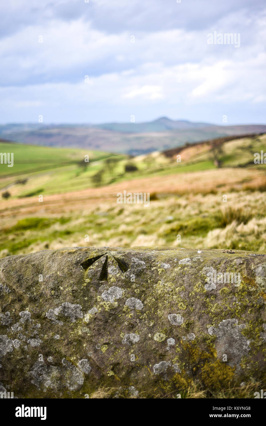 Roaches footpath marking on a rock, Peak District National Park, UK ...