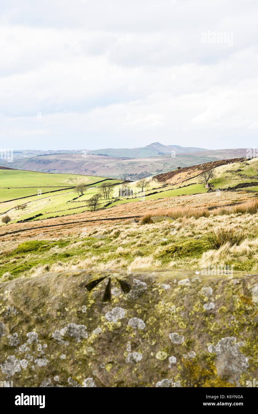 Roaches footpath marking on a rock, Peak District National Park, UK ...