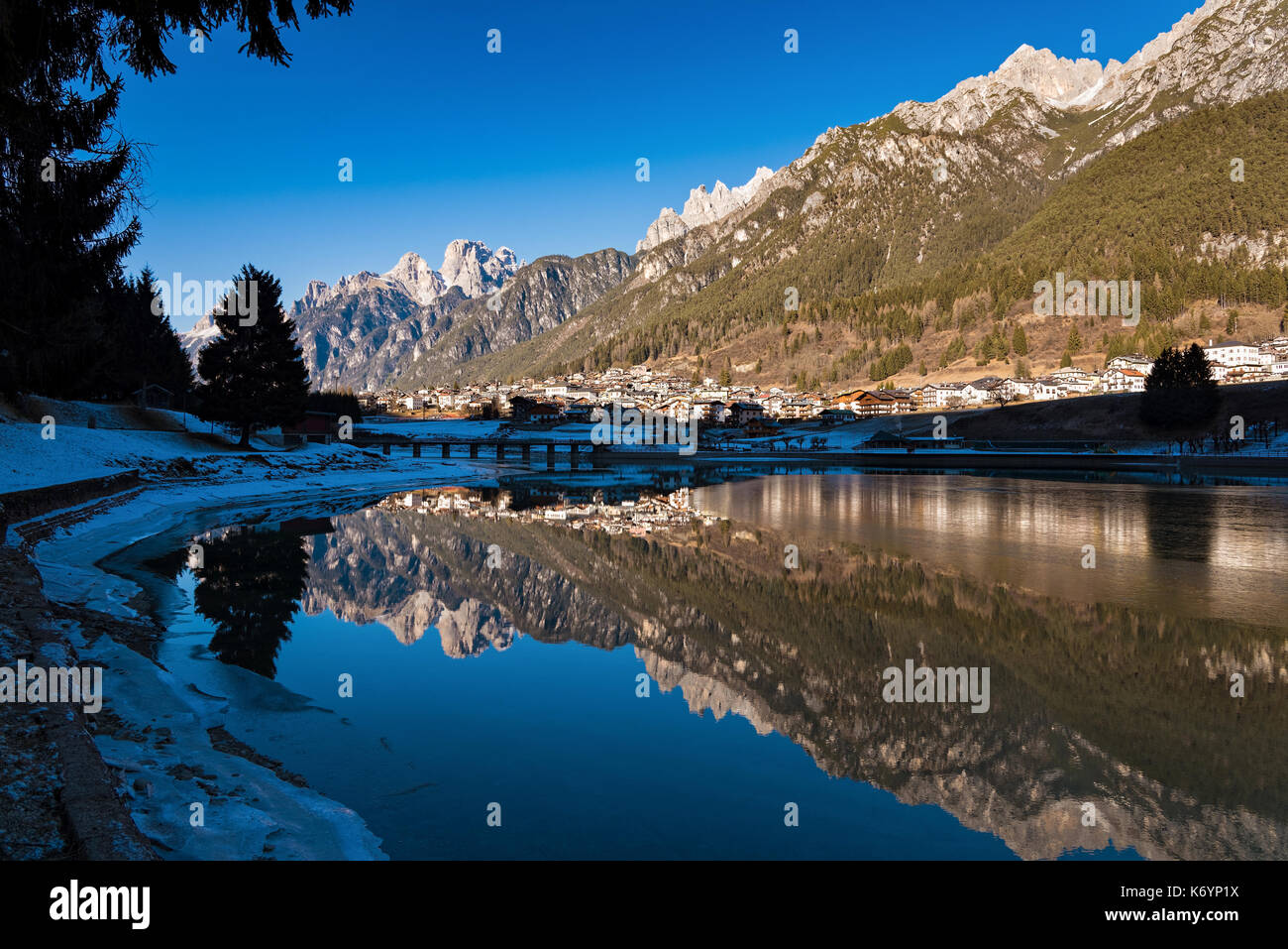 View of Auronzo di Cadore village and Santa Caterina lake in the region ...
