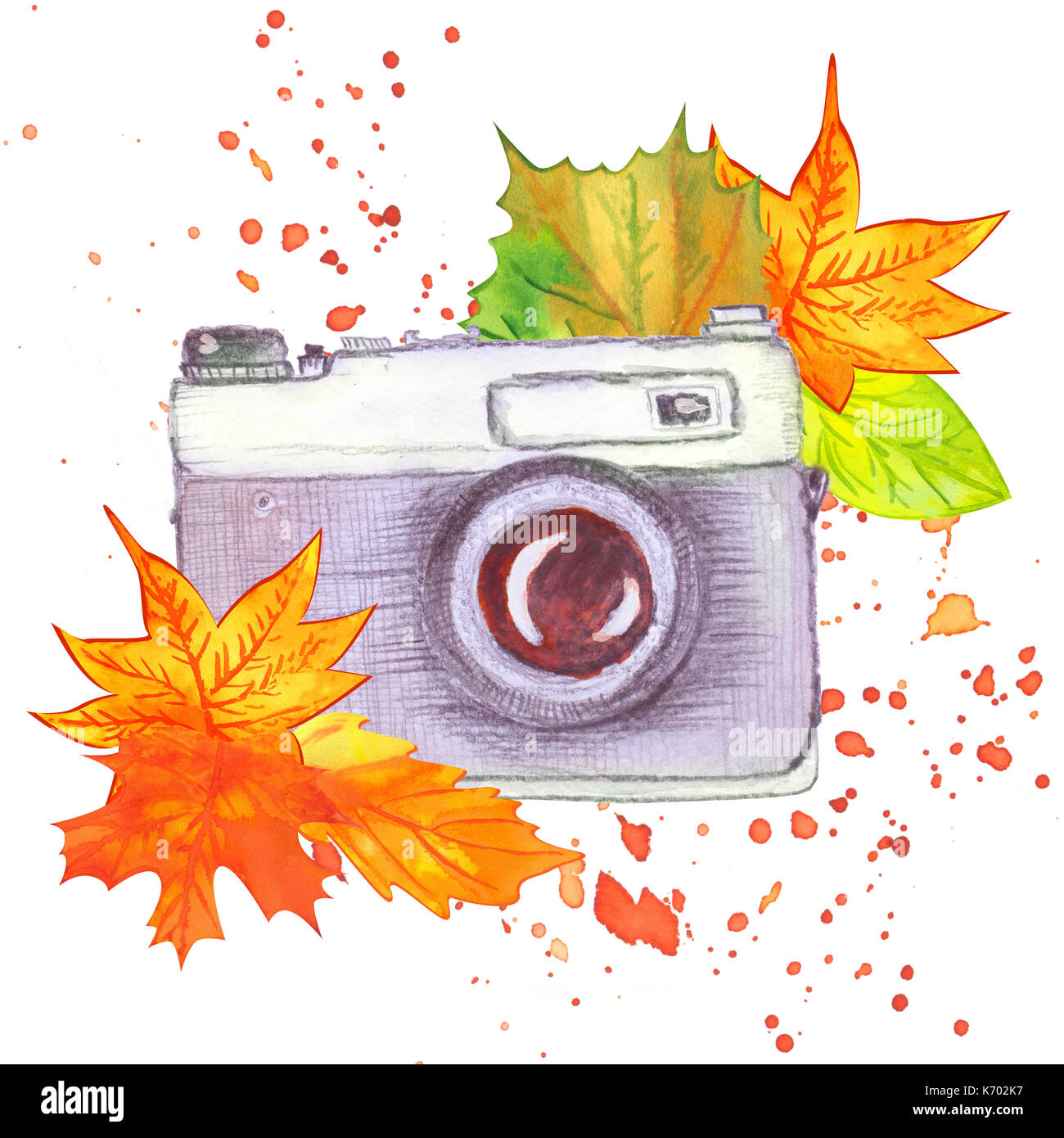 watercolor vintage camera with autumn leaves Stock Photo - Alamy