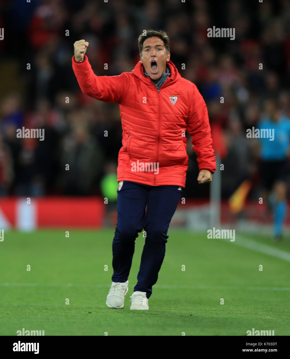 Sevilla manager Eduardo Berizzo celebrates his side's first goal of the ...