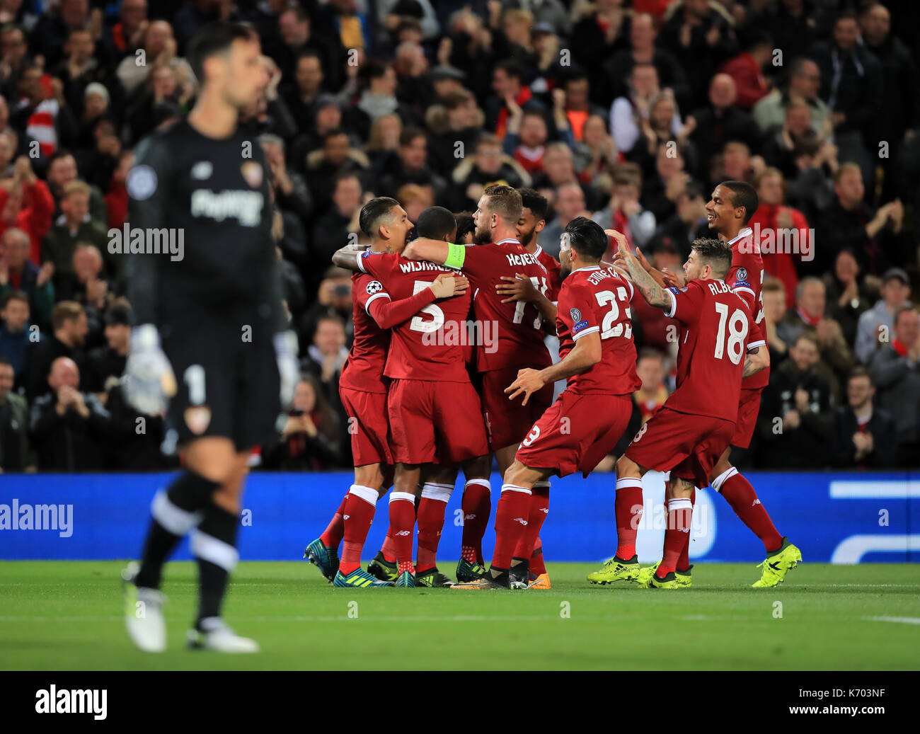 Liverpool's Mohamed Salah celebrates scoring his side's second goal of ...