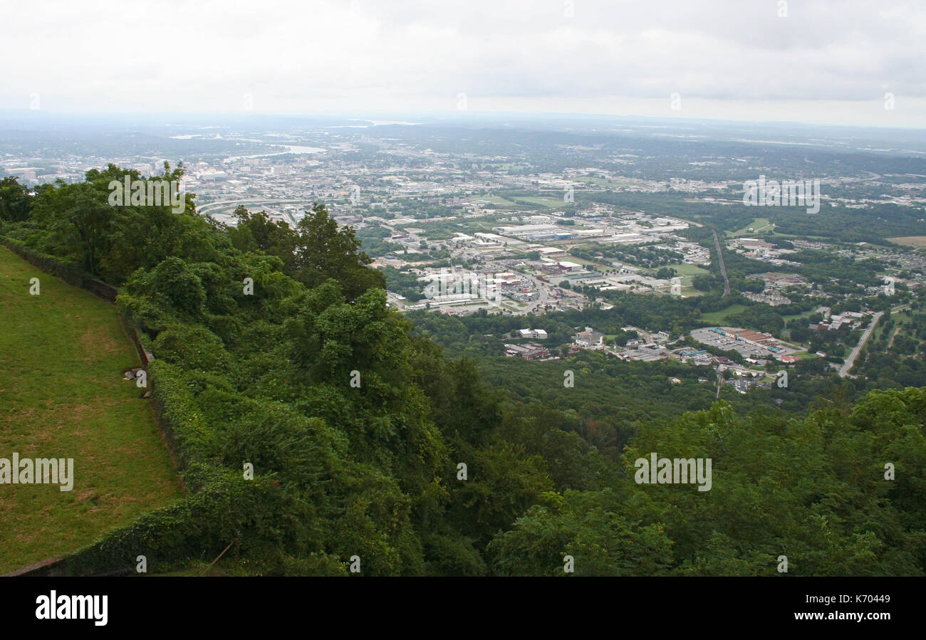 Looking down over Chattanooga, Tennessee from above on a foggy day ...