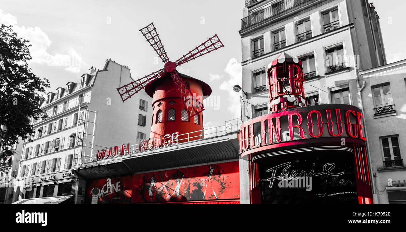 Paris, France - May 18, 2014: Moulin Rouge on a black and white ...