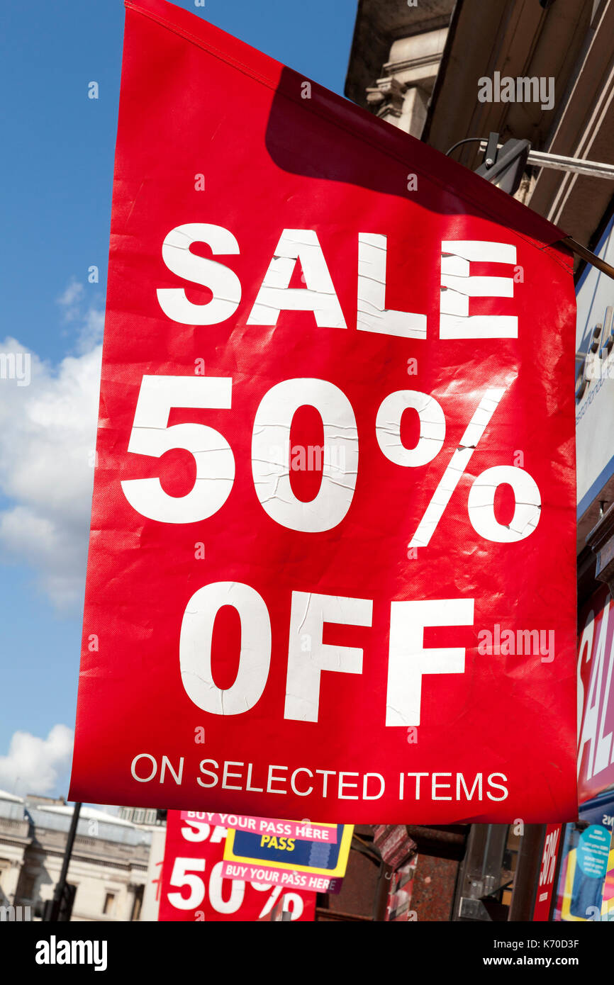 A 50% off sale sign on a high street in the UK Stock Photo - Alamy
