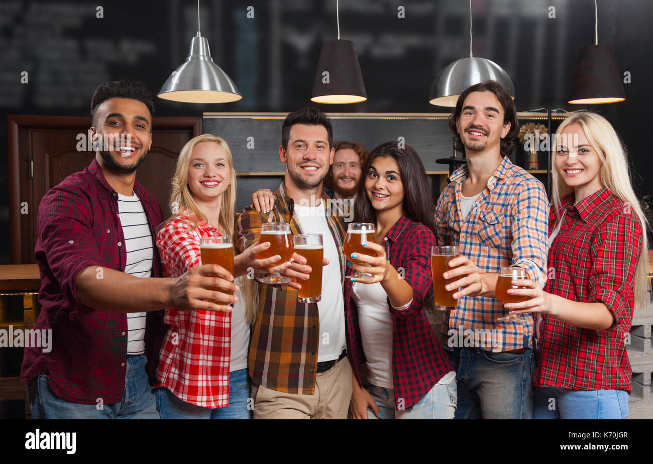 Young People Group In Bar, Happy Smiling Friends Pub, Drink Beer Cheers ...