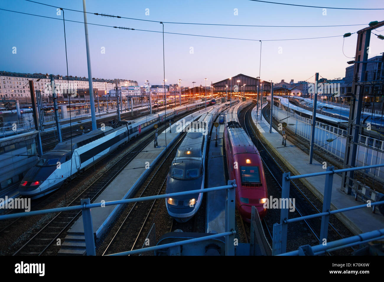 High-speed trains at the platforms of Gare Du Nord station view from ...