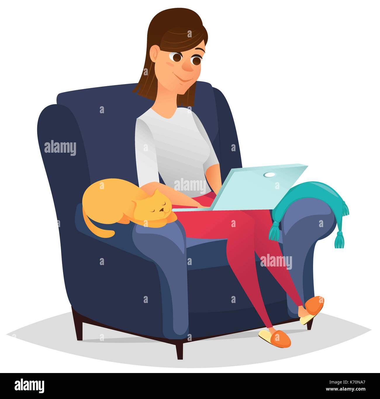 Stylized character. Woman at home sitting in comfortable armchair and ...