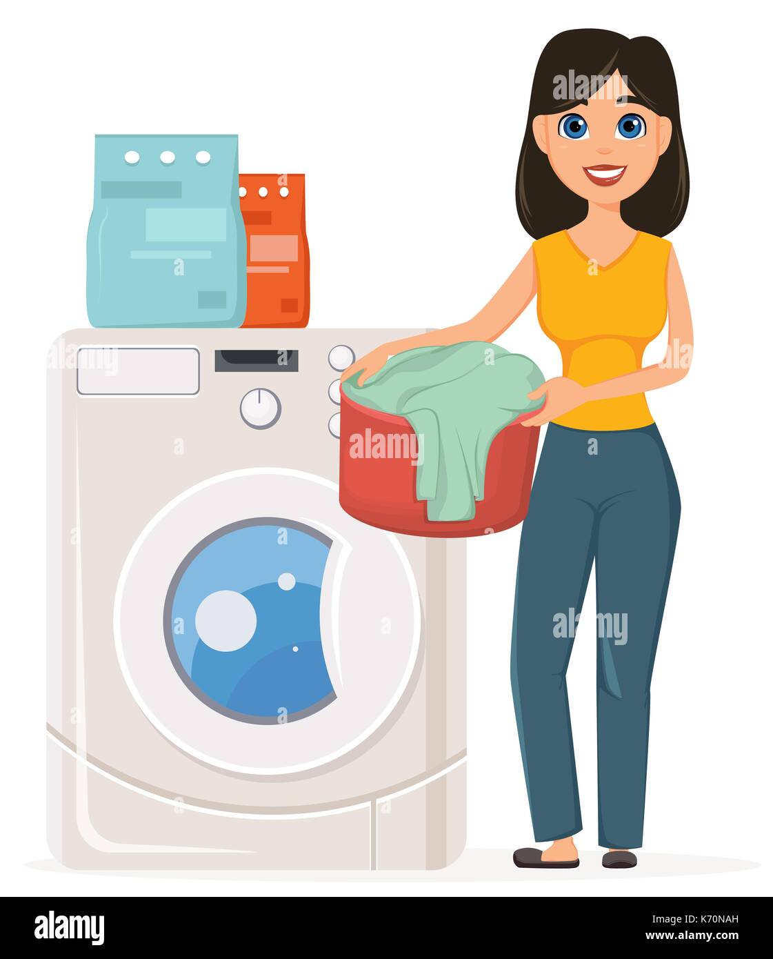 Housewife washes clothes in the washing machine. Pretty woman doing ...