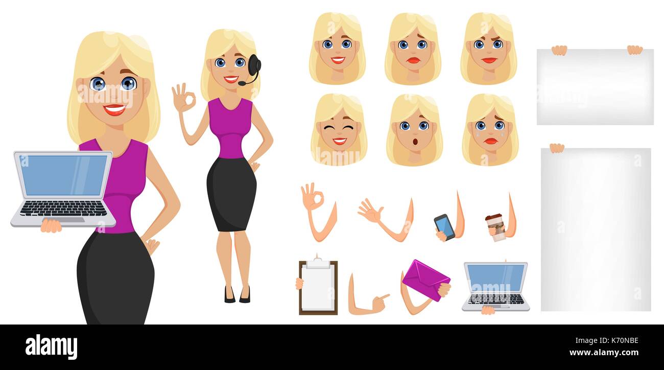 Business woman cartoon character creation set. Cute blonde ...