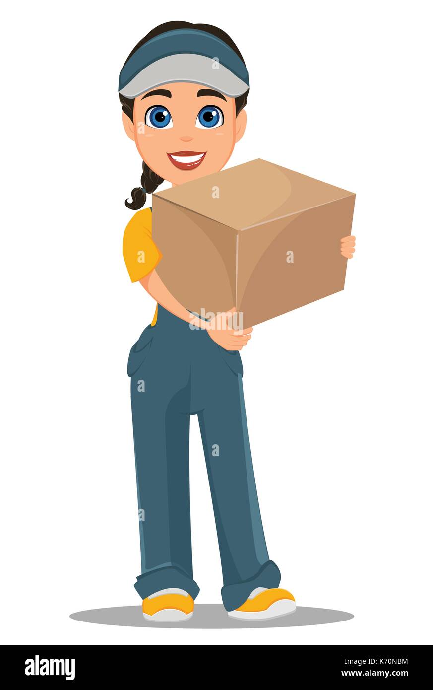 Courier woman standing with parcel. Professional fast delivery. Cute ...