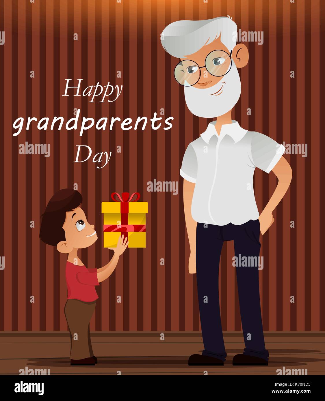 Grandparents day greeting card. Grandson giving a present to his ...