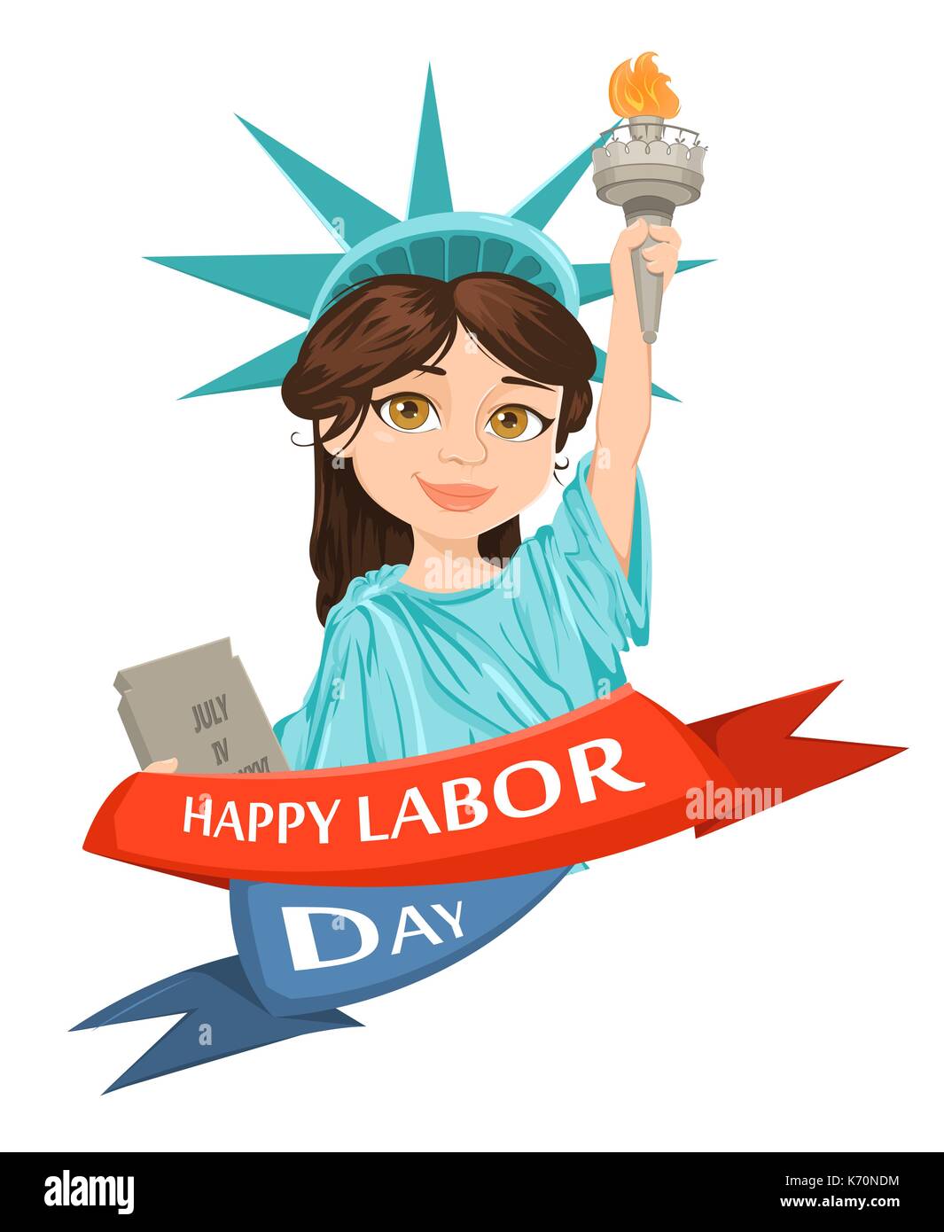 Labor Day greeting card with girl dressed in a costume of Statue of ...