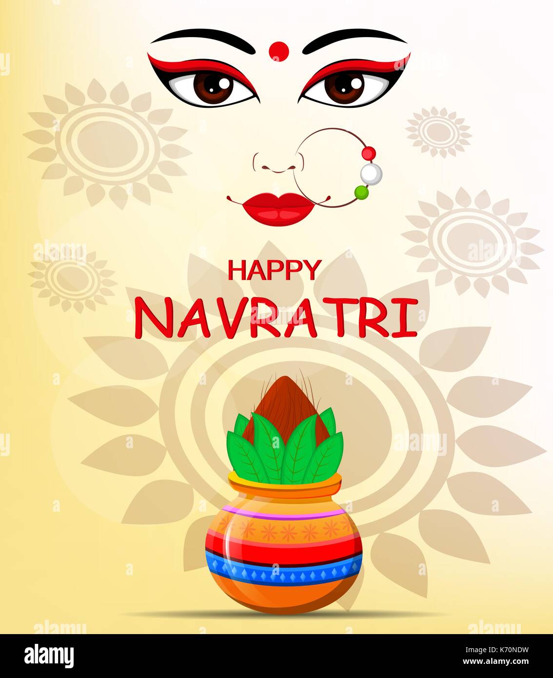 Happy Navratri vector illustration. Contour of Maa Durga Face and pot ...