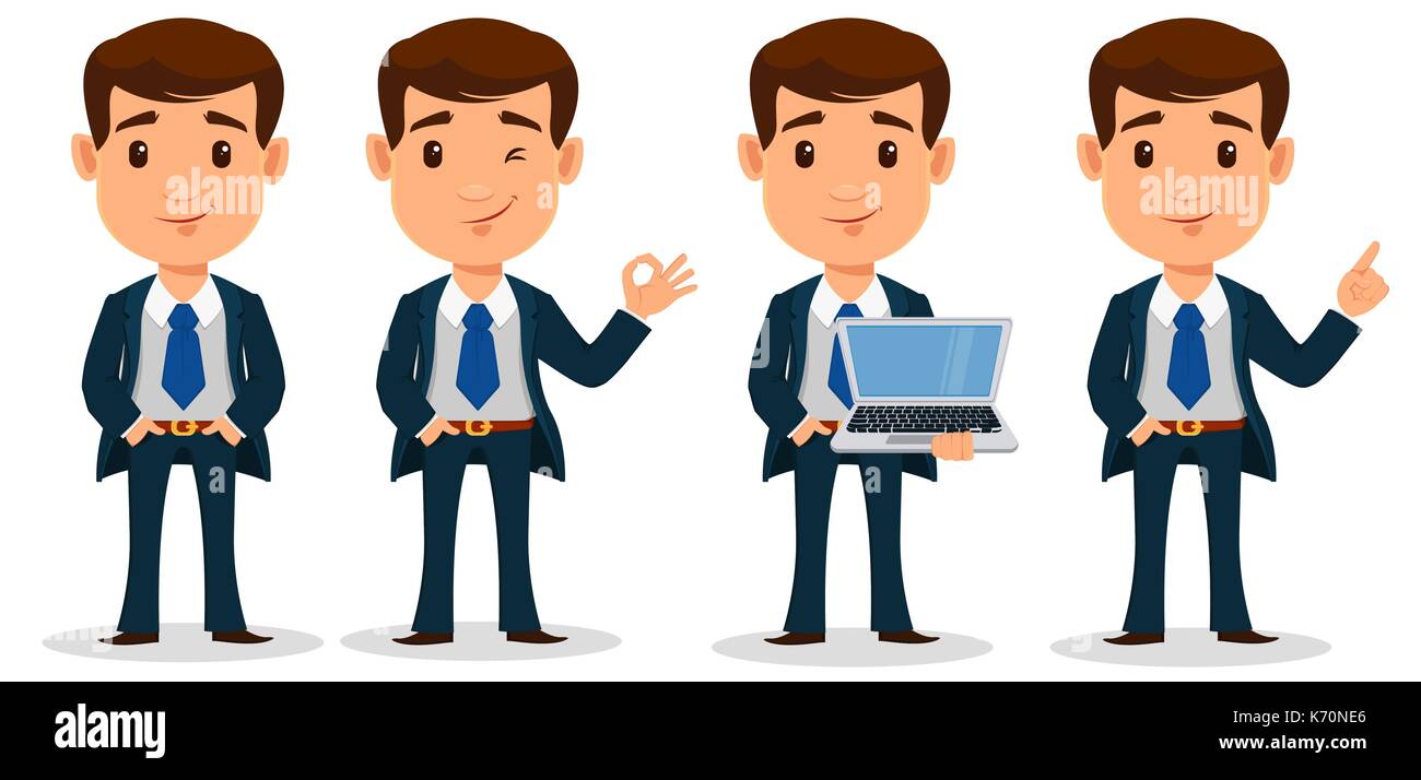 Set Of Business Man Cartoon Character In Smart Clothes Office Style