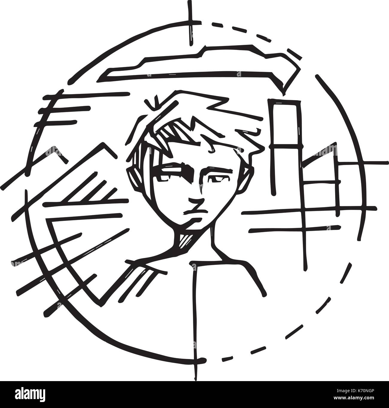 Hand drawn vector illustration or drawing of a Poor child in city ...