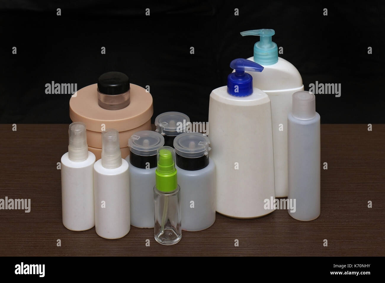 Bunch of plastic and glass toiletries bottles Stock Photo - Alamy