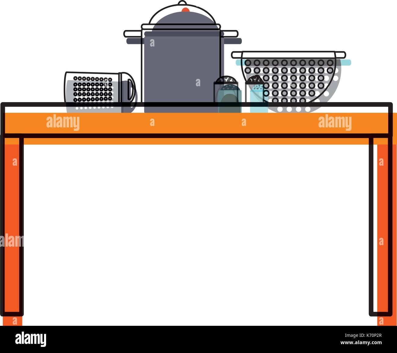 colorful kitchen table and cookware over white background vector ...