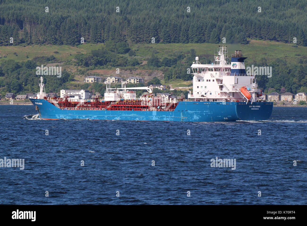 Bro Deliverer, an oil or chemical tanker operated by Brostrom, passing ...